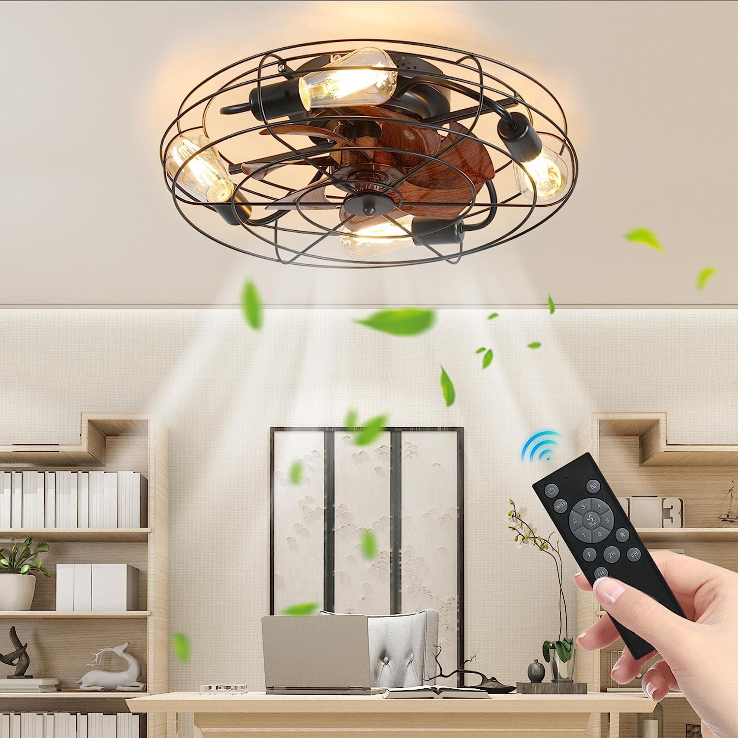 Holaki 20" Caged Ceiling Fans with Lights and Remote,Flush Mount Low ...
