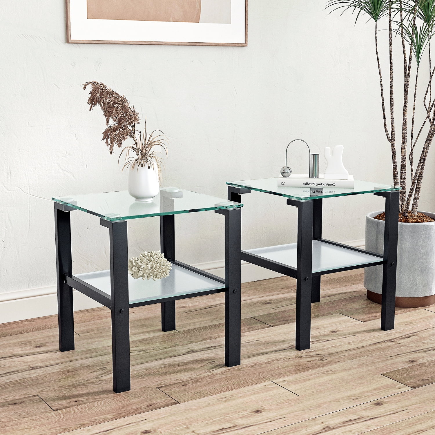 Holaki 2PCS Glass Coffee Table End Table, Living Room Table Side Tables ...