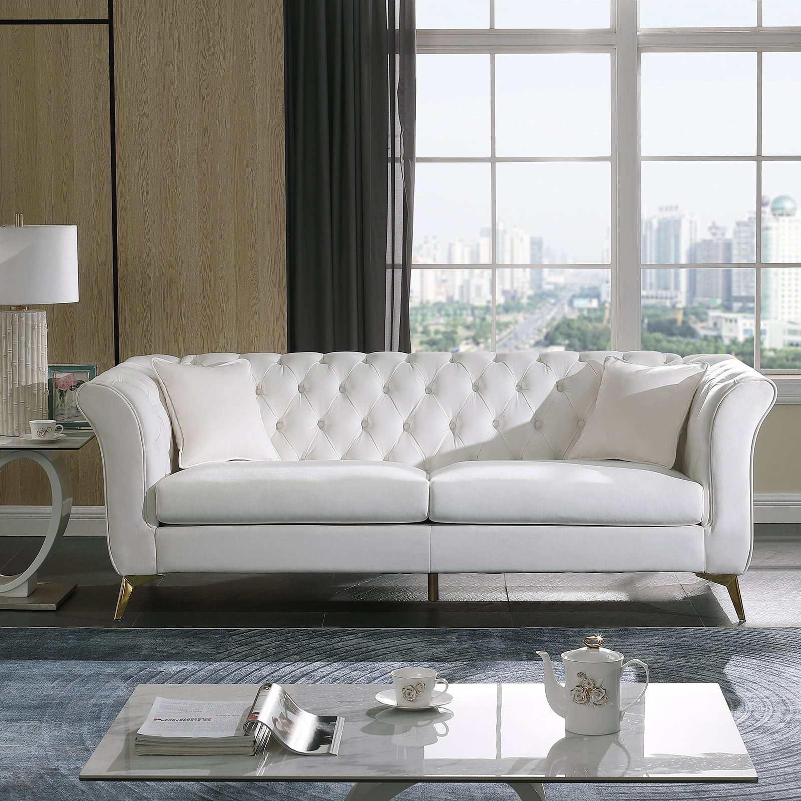 Holaki Traditional 3 Seat Velvet Chesterfield Sofa, White, Tufted ...