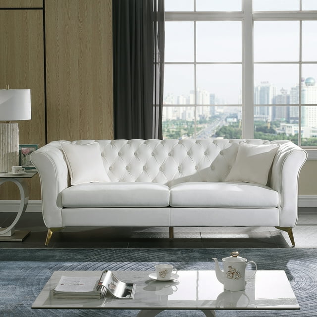 Holaki Traditional 3 Seat Velvet Chesterfield Sofa, White, Tufted Furniture for Living Room ...