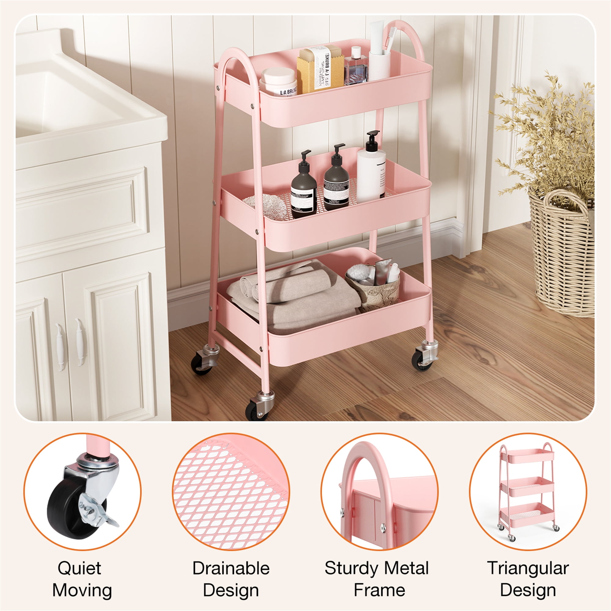 Holaki 3 Tier Utility Rolling Cart, Metal Mobile Storage Shelf with ...
