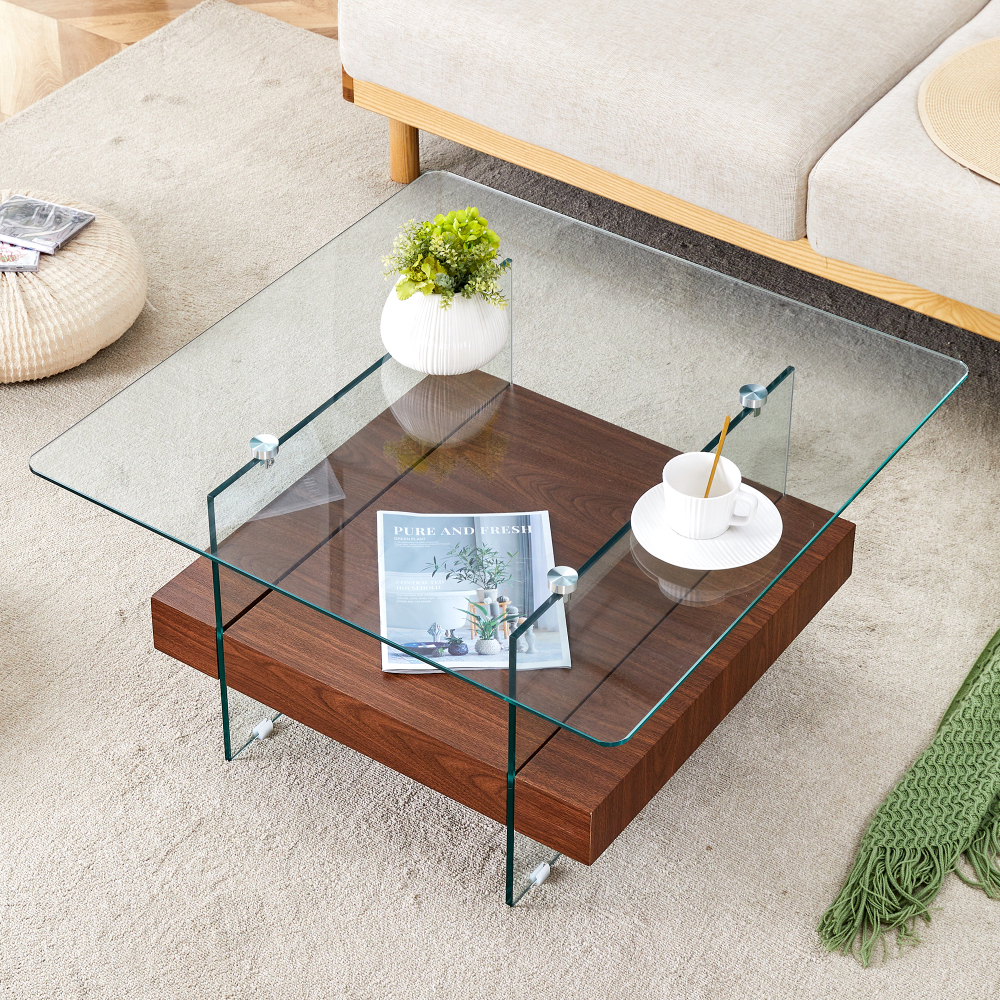 Holaki 31.4 Inch Square Coffee Table Clear Tempered Glass Tabletop ...