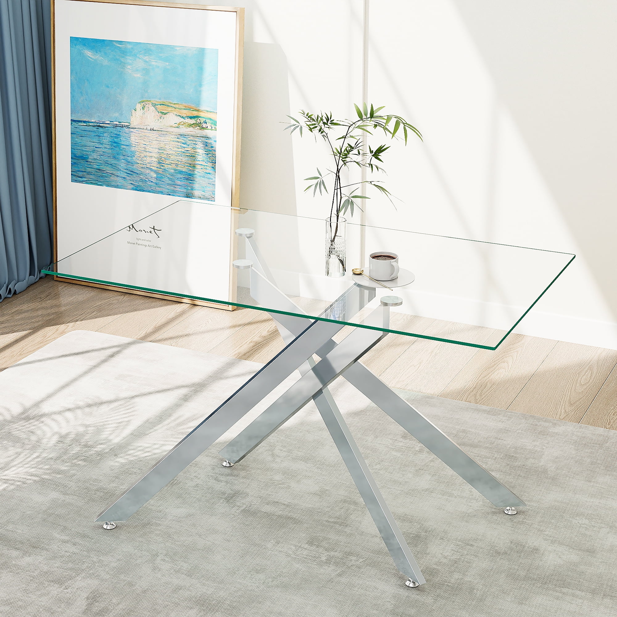 51.18" Rectangular Glass Dining Table, Holaki Modern Tempered Glass ...