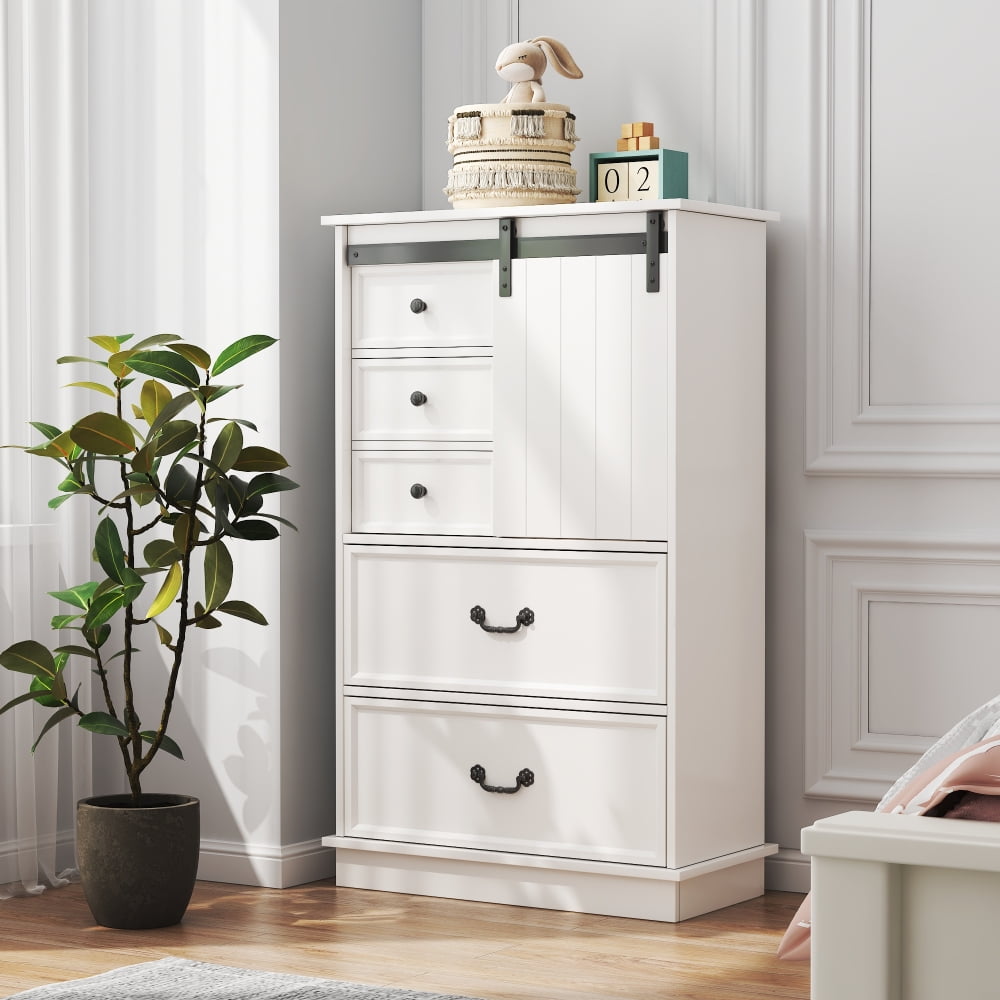 Holaki 51.2'' White Dresser with Sliding Barn Door and 5 Drawers ...