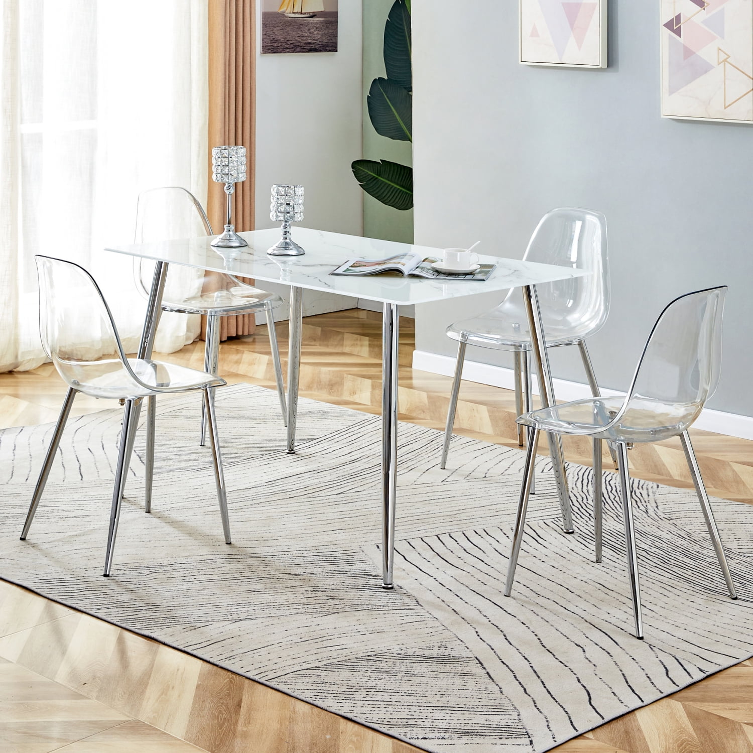 Holaki 51 Inch Rectangle Glass Dining Table Set for 4, White Marble ...