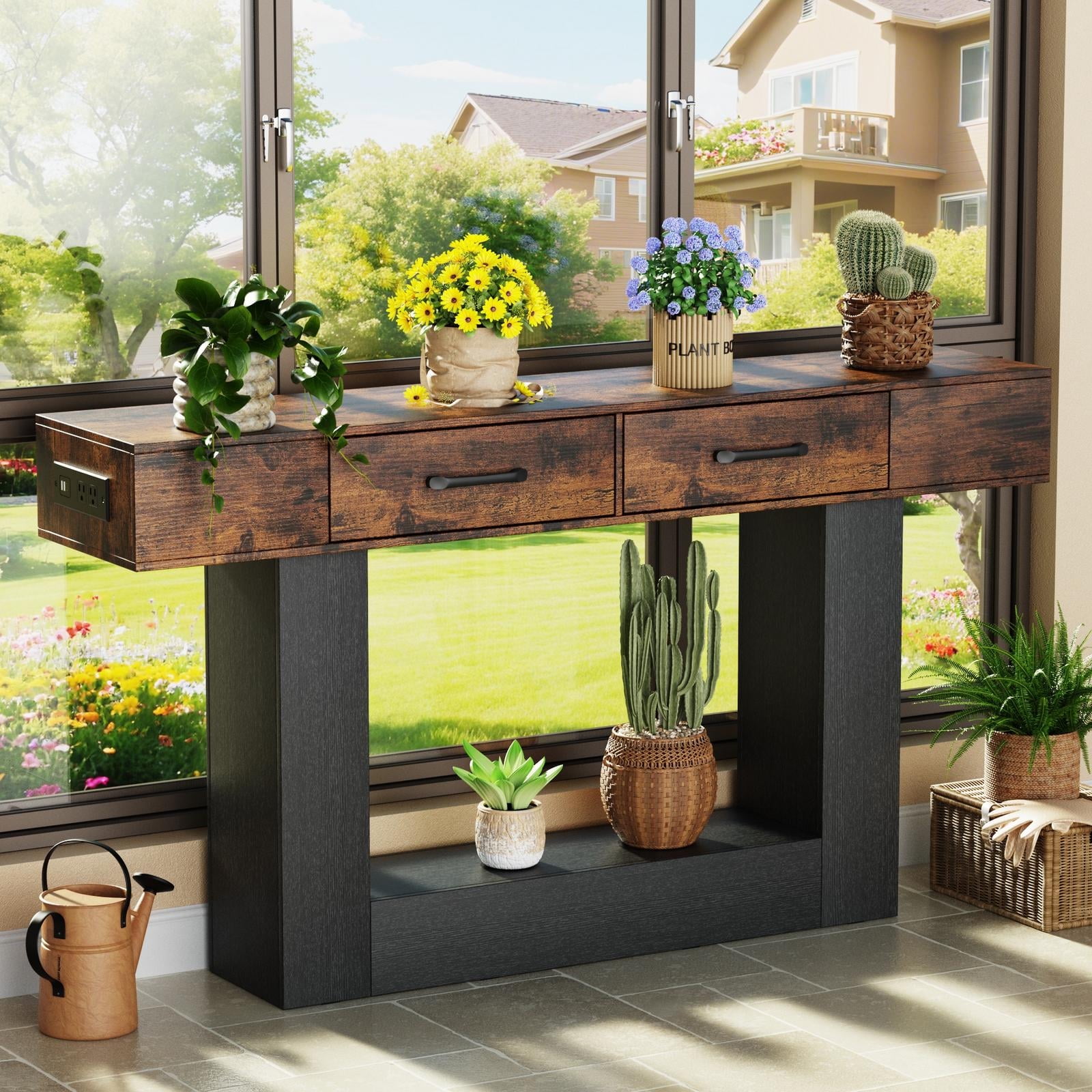 Holaki 63" Long Console Tables with Outlet, LED Strip & 2 Drawers ...