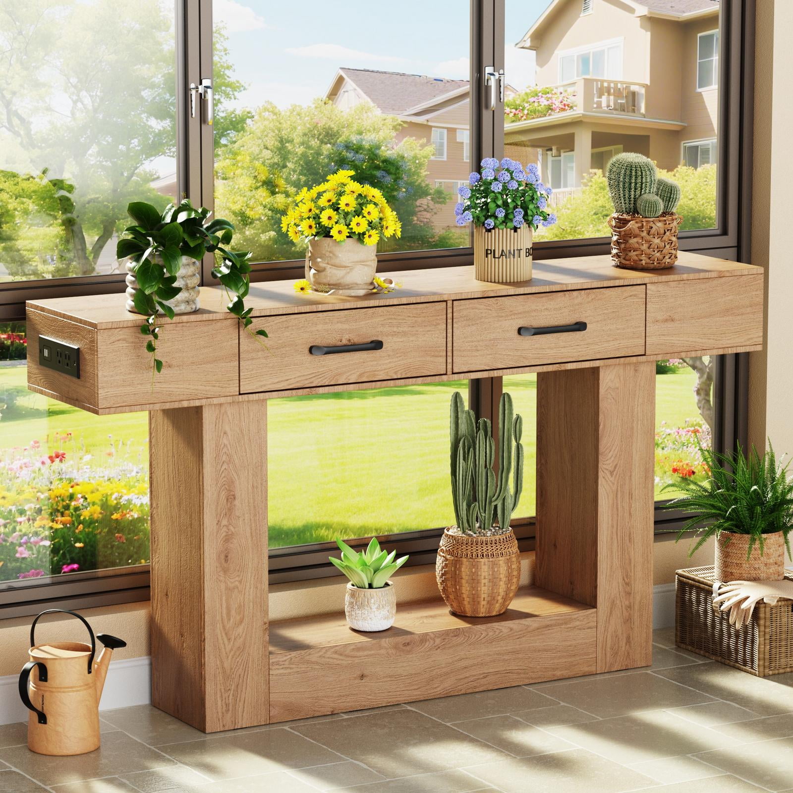 Holaki 63" Long Console Tables with Outlet, LED Strip & 2 Drawers ...