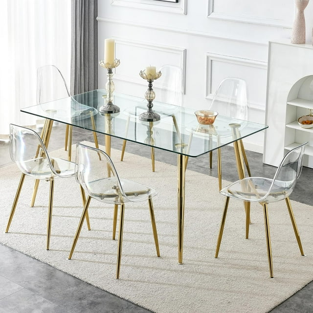 Holaki 63 inch Rectangle Glass Dining Table Set for 6, Tempered Glass Tabletop Dining Table with ...