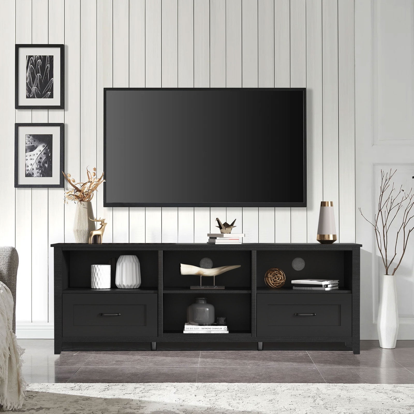 Holaki Industrial Style 70.08 Inch Black TV Stand with 2 Drawers, 4 ...