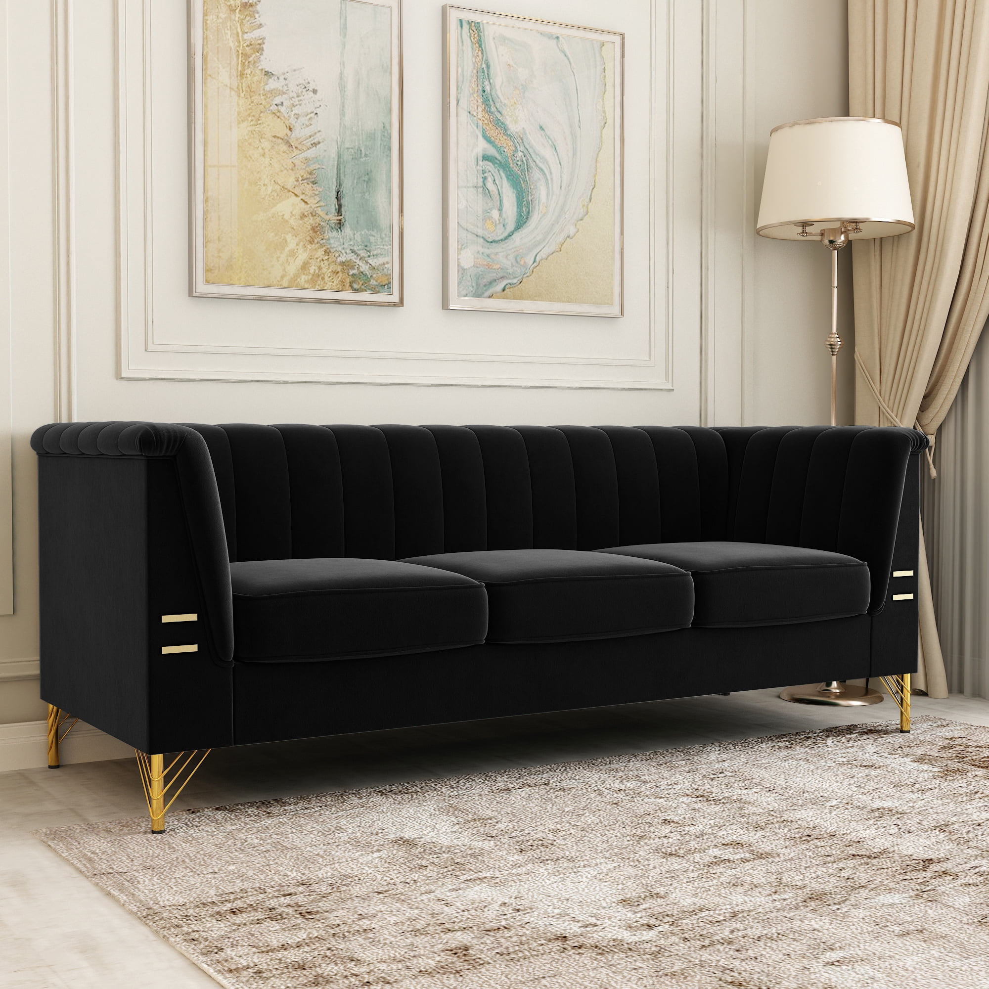 Holaki 84.2" Elegant 3 Seat Velvet Tuxedo Arm Sofa with Tufted Buckles ...