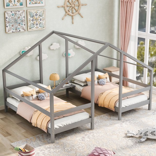 Holaki Double Twin Size Triangular House Beds with Built-in Table,Gray ...