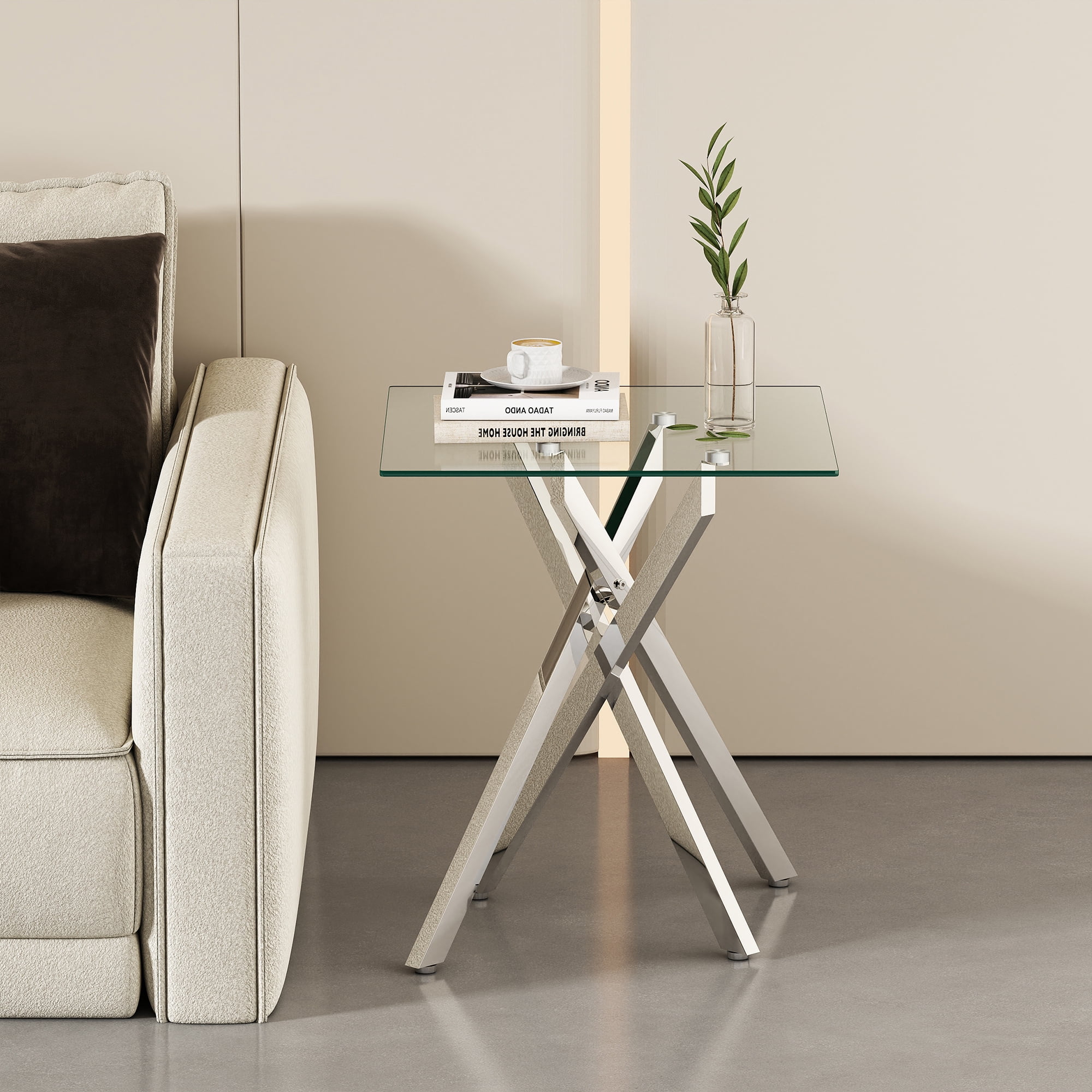 Holaki End Table Small End Table with Chrome Metal X-Shaped Pedestal ...