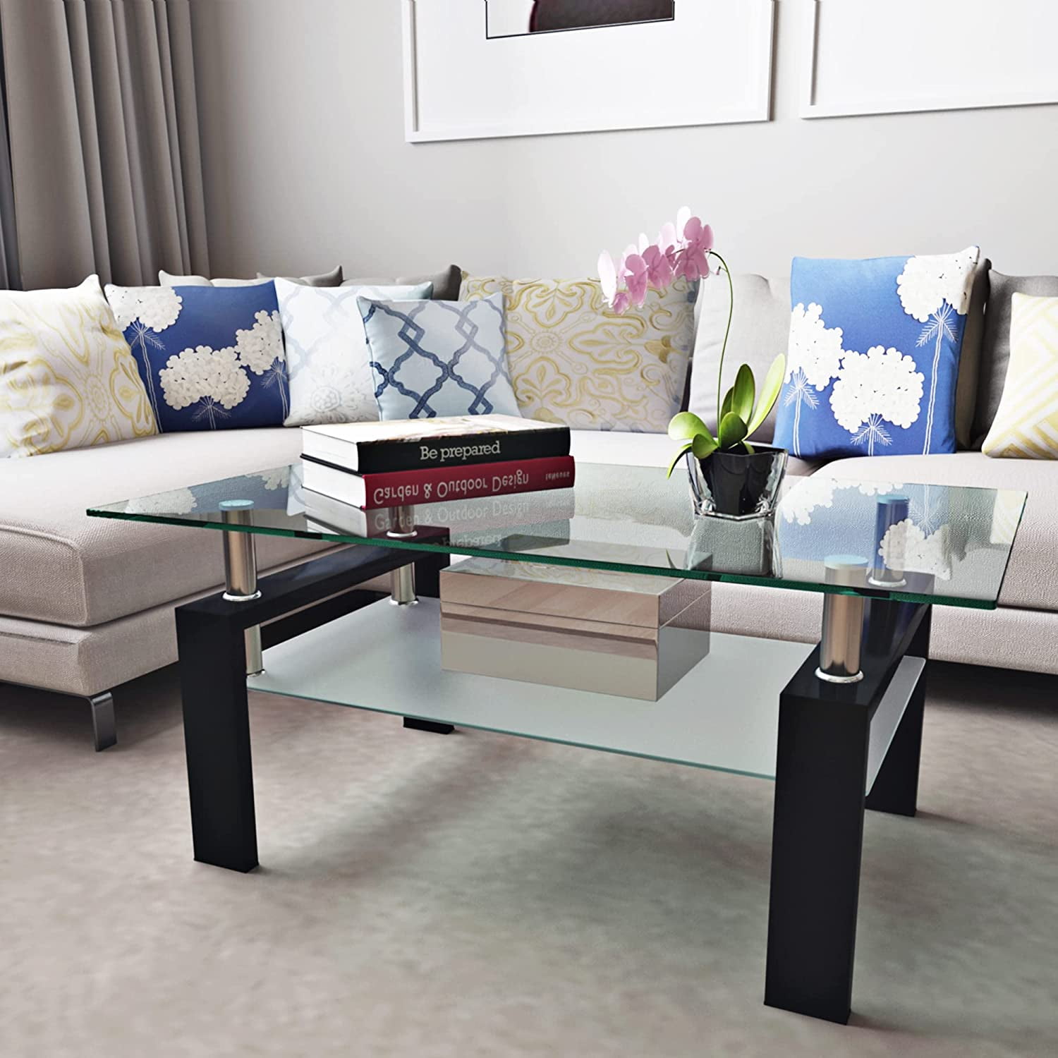 Holaki Glass Coffee Table, End Table 2 Layer Side Tables with Clear ...