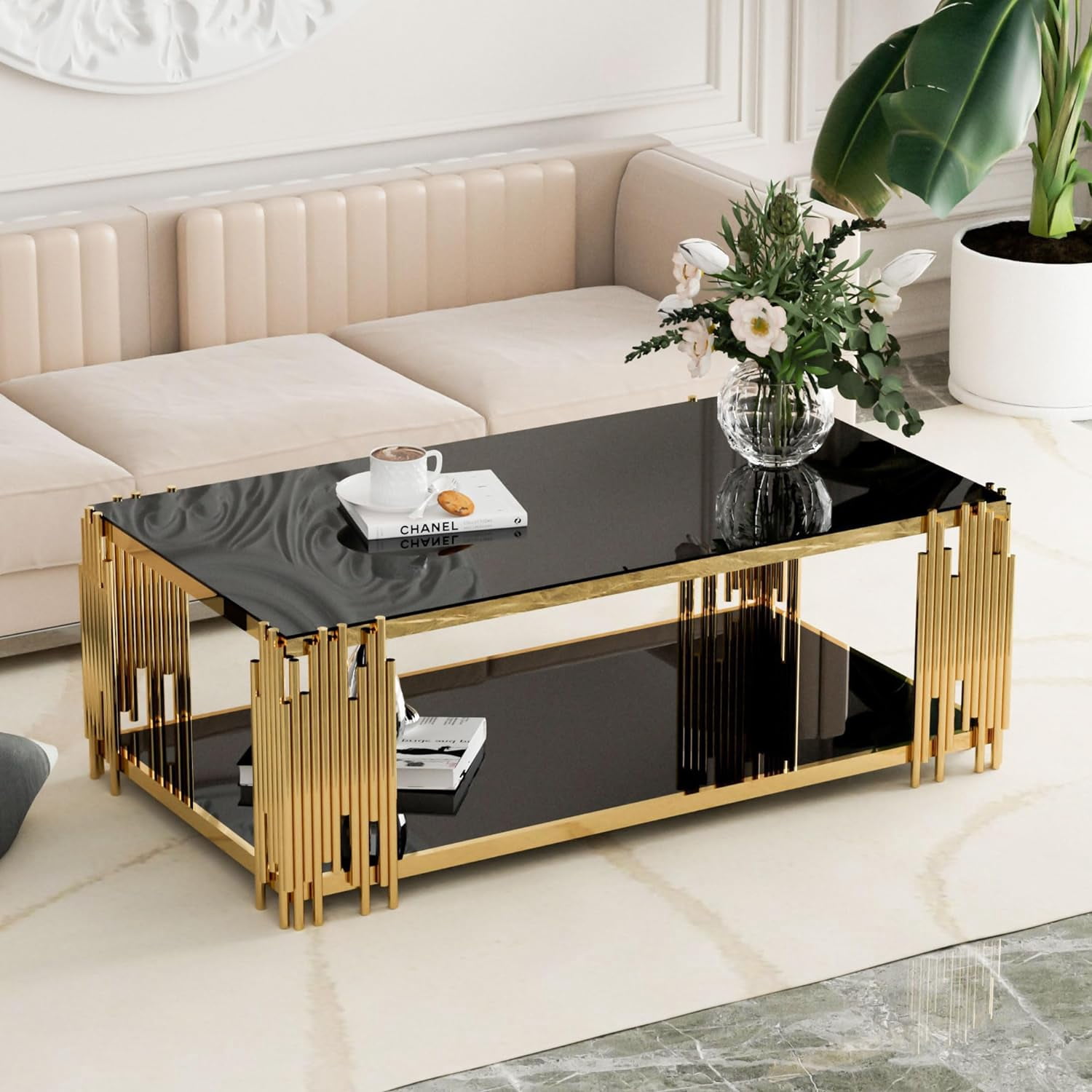 Holaki Glass Coffee Table Modern Living Room Table Gold Stainless Steel ...