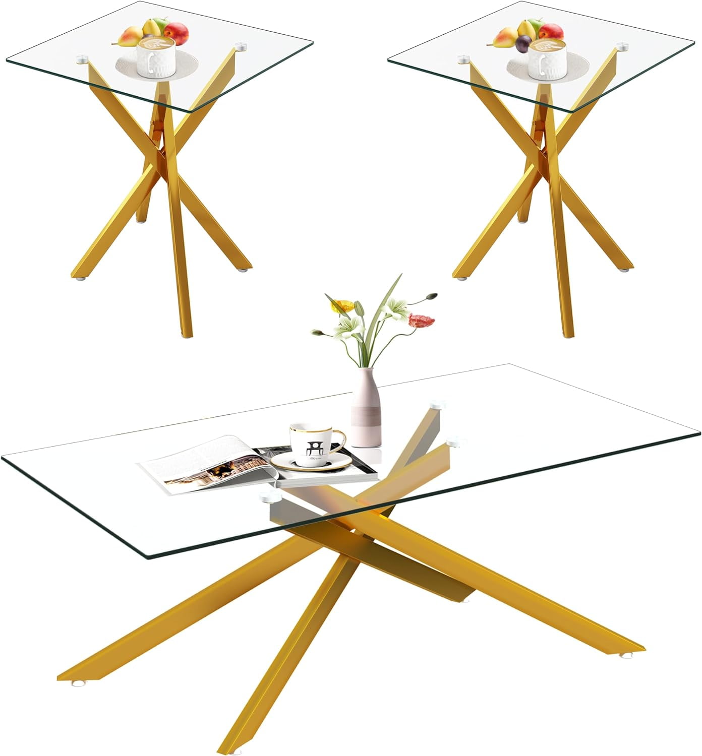 Holaki Glass Coffee Table Set of 3 Modern End Table Living Room Side ...