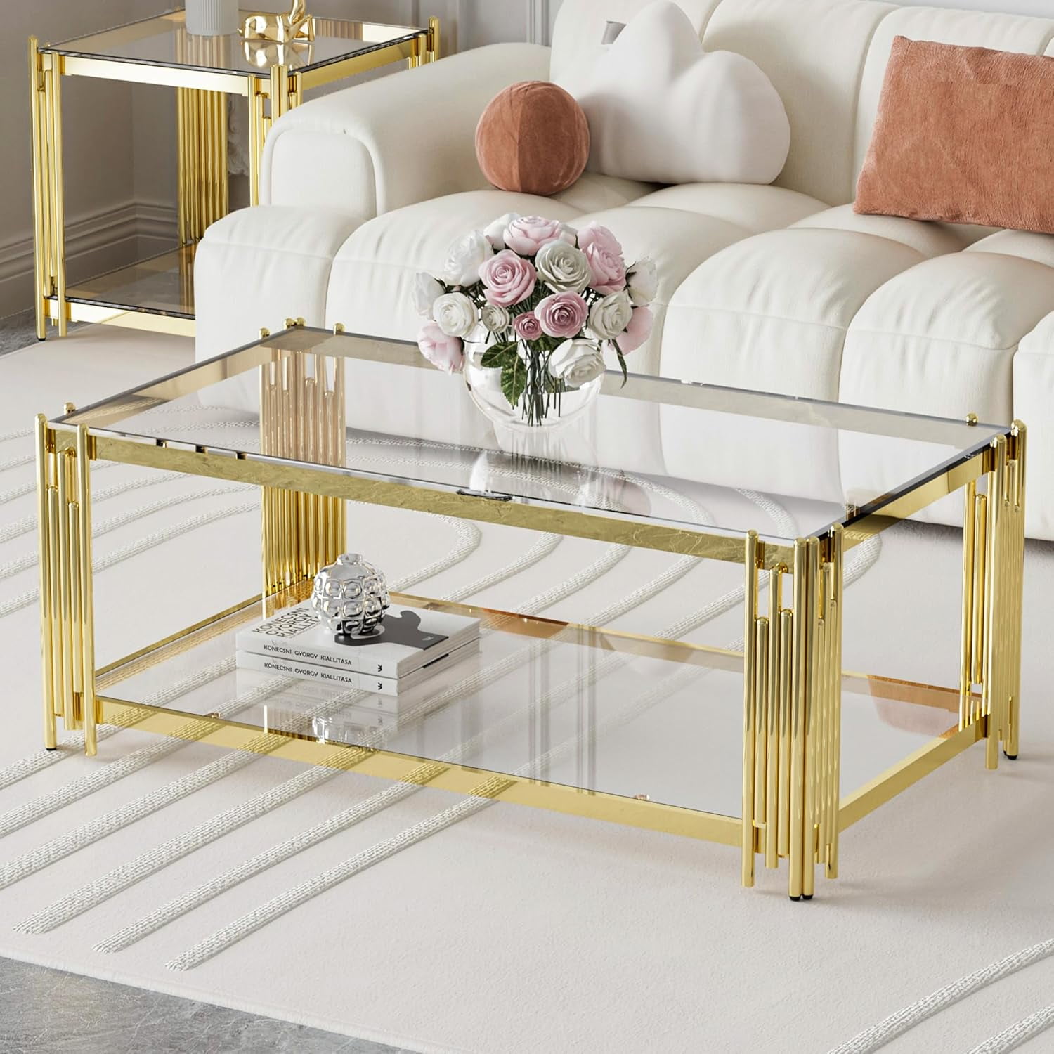 Holaki Gold Glass Coffee Table, Modern Living Room Table, Luxury ...