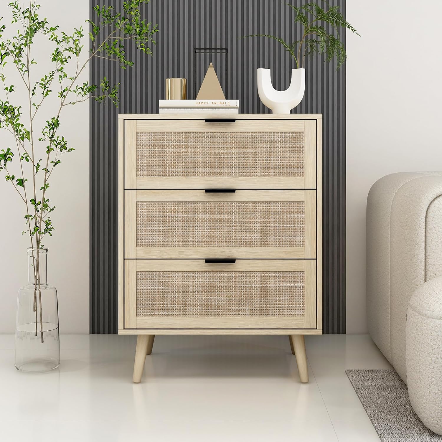 Holaki Modern Rattan Wood 3 Drawer Dresser, Bohemian Style Storage ...