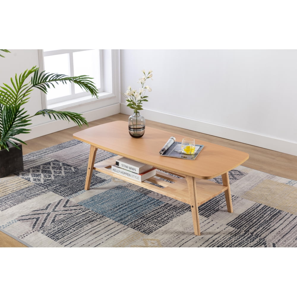 Holaki Natural Light Oak Coffee Table-Solid Wood Legs, Open Lower Shelf ...
