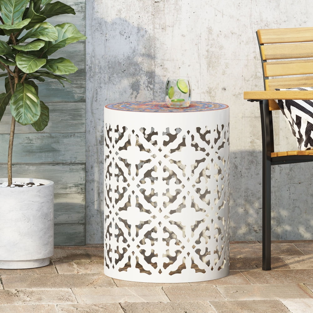 Holaki Outdoor Accent Table with Tile Mosaic Top, Drum Side Table with ...