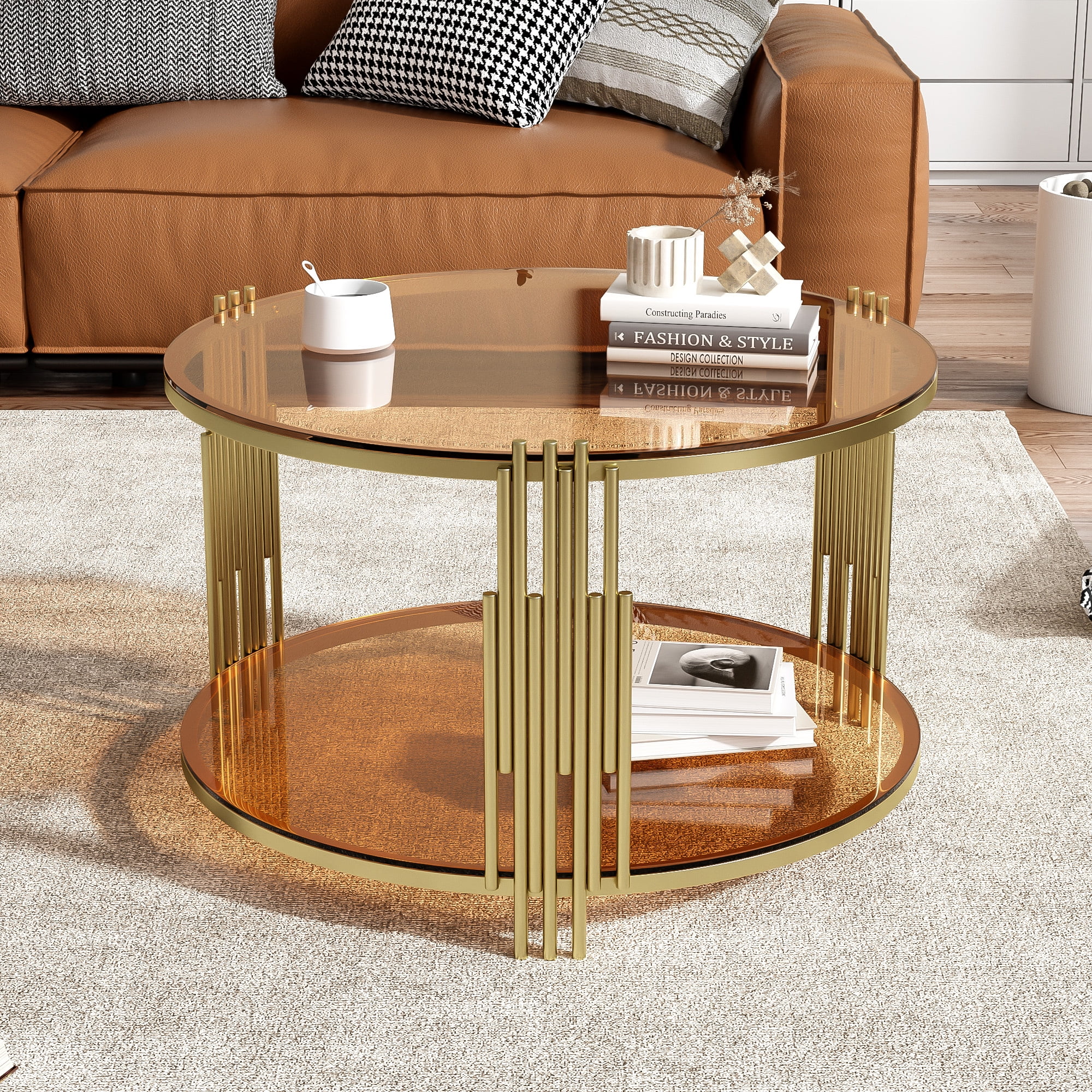 Holaki Round Brown Glass Coffee Table Modern Gold Luxury Stainless ...