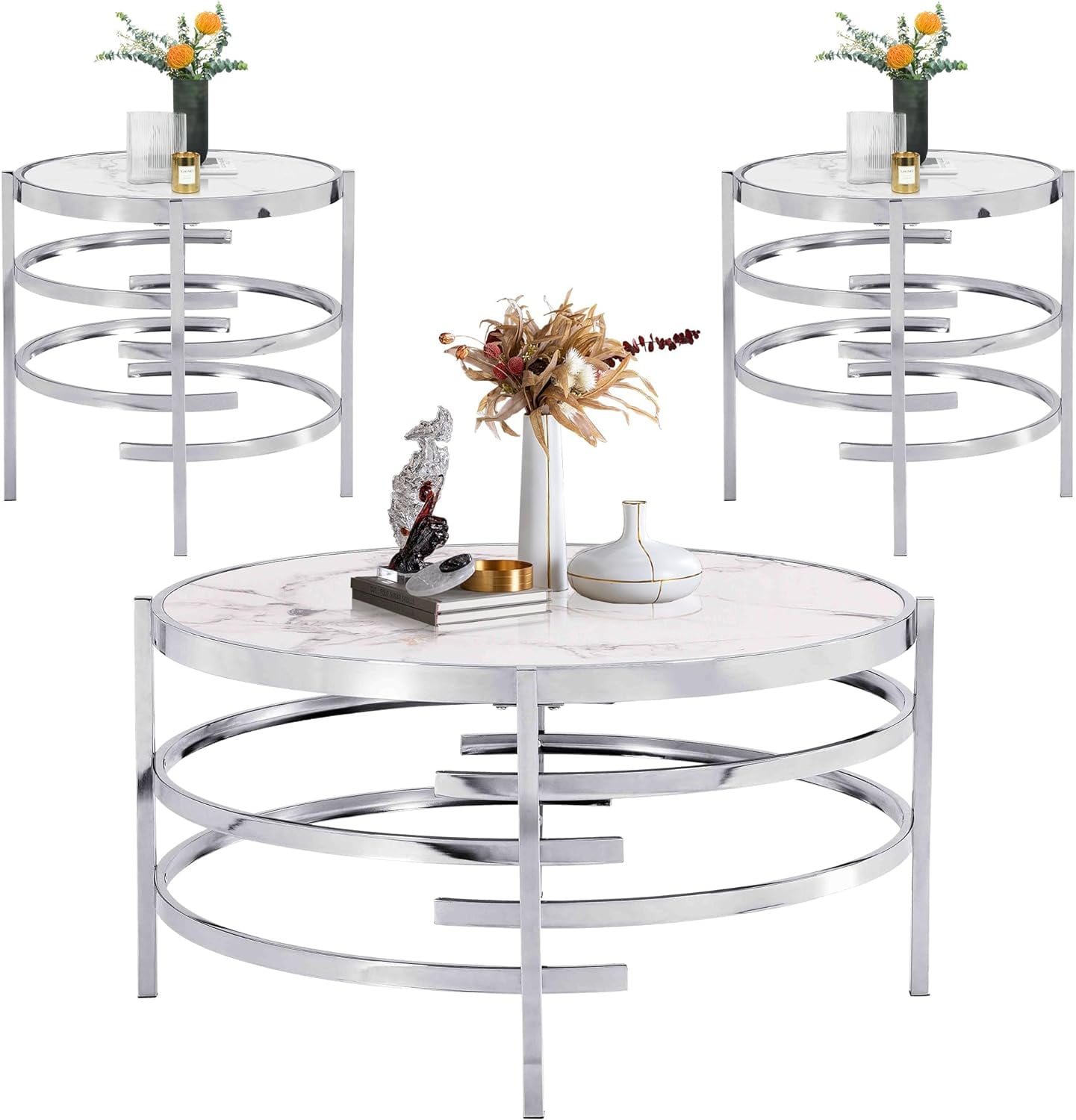 Holaki Round Coffee Table Set of 3, Sintered Stone Top, Sturdy Metal Frame, Silver Finish ...