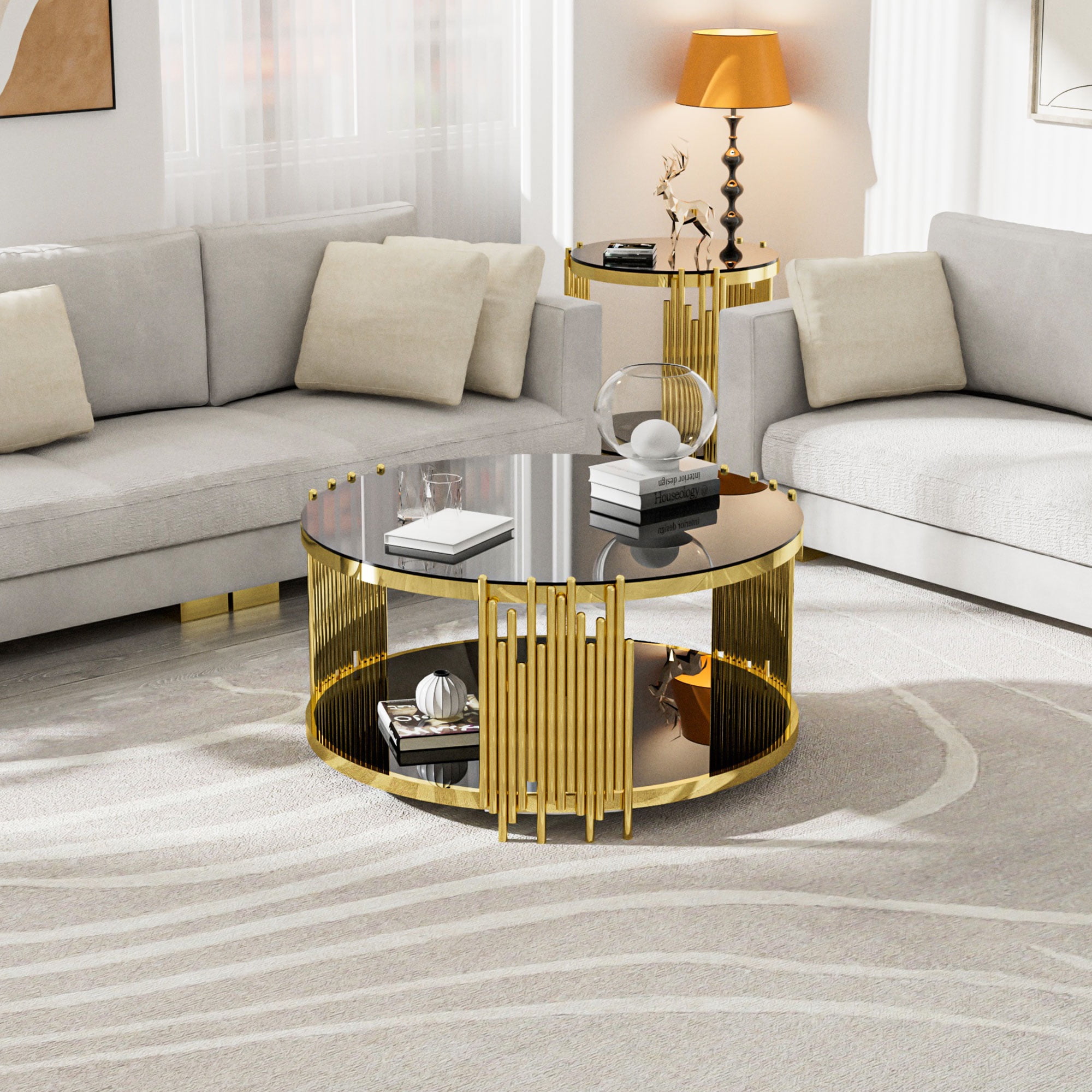 Glass Coffee Table with Lower Shelf, Holaki Modern Round Cocktail Table ...