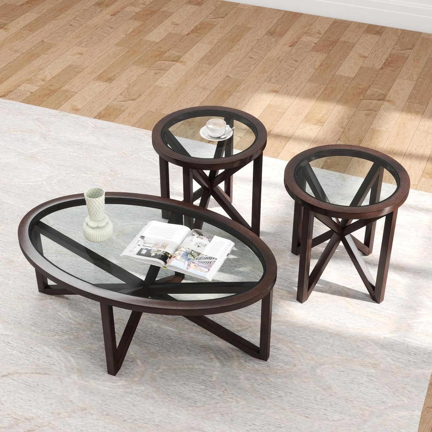 Holaki Round Glass Coffee Table Set of 3Pcs,Black Circle Coffee Table ...
