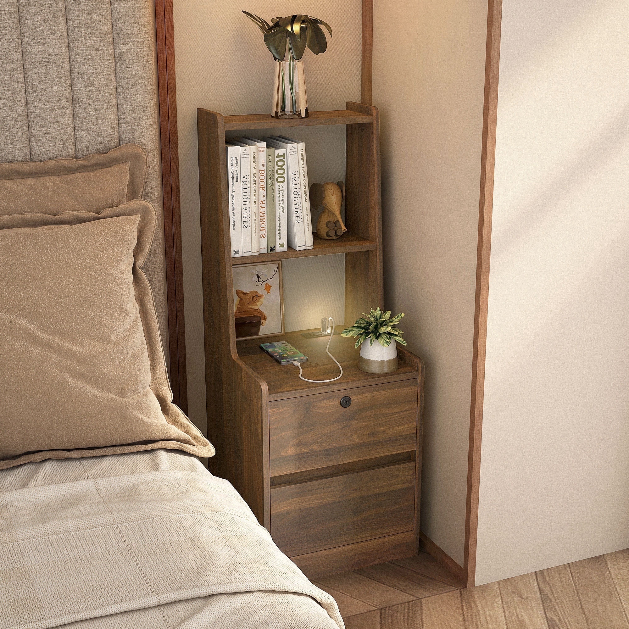 Holaki Tall Nightstand for Bedroom, 2-Drawer Bookcase Nightstand with ...
