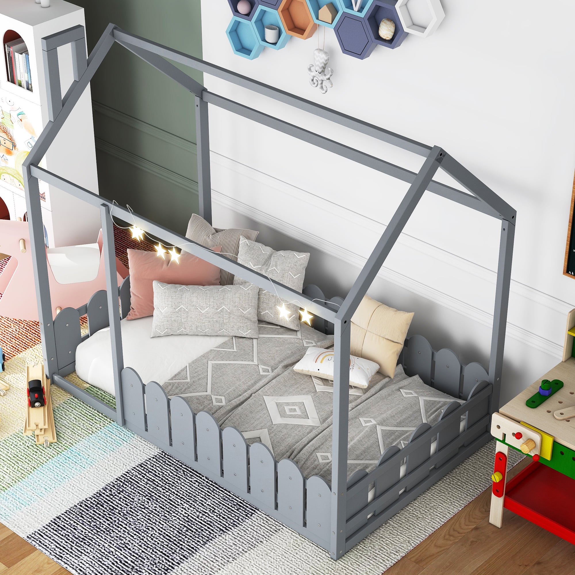 Holaki Twin Size House Bed for Kids with Roof and Fence, Gray - Walmart.com