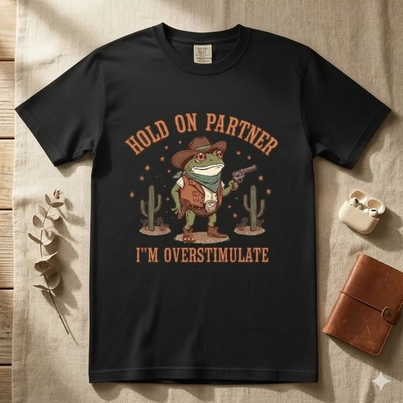 Hold on i'm overdtimulated T-Shirt, Cowboy Frog Retro Western Graphic ...