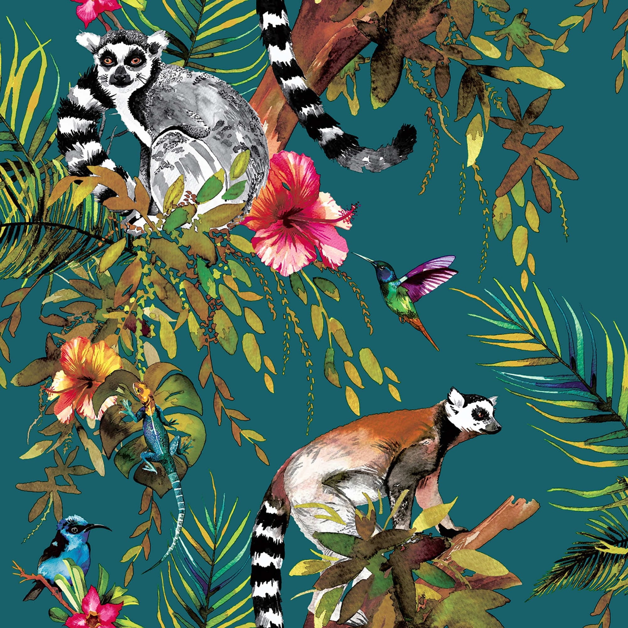 Holden Tropical Lemur Non-Pasted Wallpaper 396 in x 20.8 in Teal ...