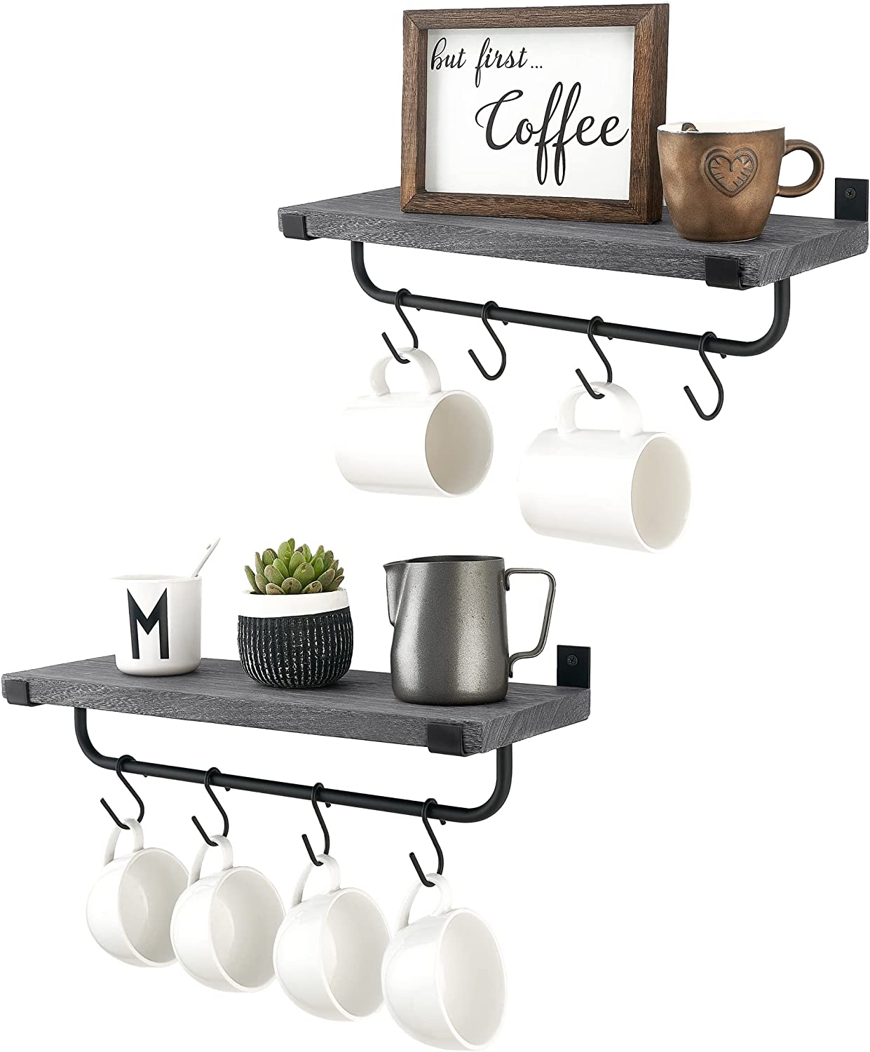 Holder Wall Mounted Coffee Mug Rack Set of 2 Rustic Floating Shelf for ...