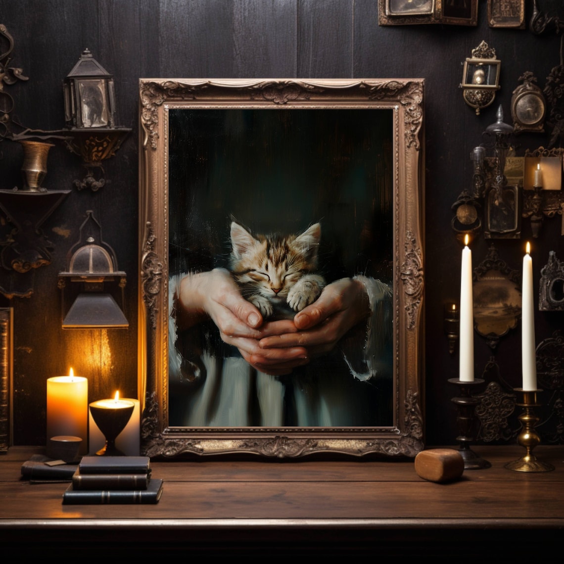 Holding Tabby Kitten Poster, Moody Wall Art, Dark Academia Cat Poster ...