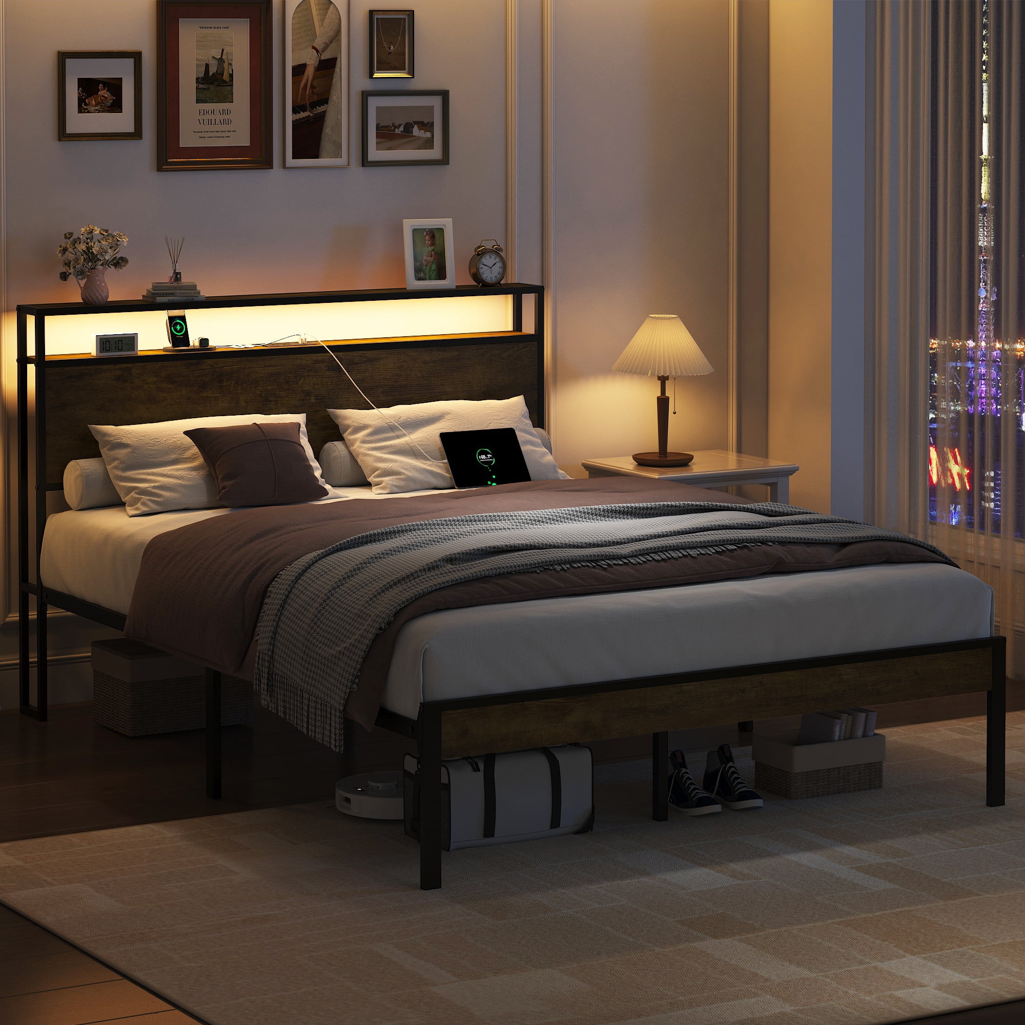Holdolife Full-Size Bed Frame with USB, LED & Storage, Rustic Brown ...