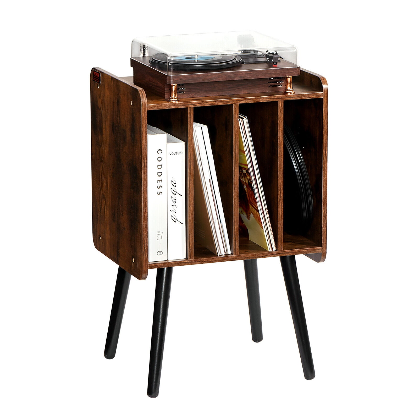 Holds up to 100 records, brown record rack, 2-tier wooden vinyl record ...