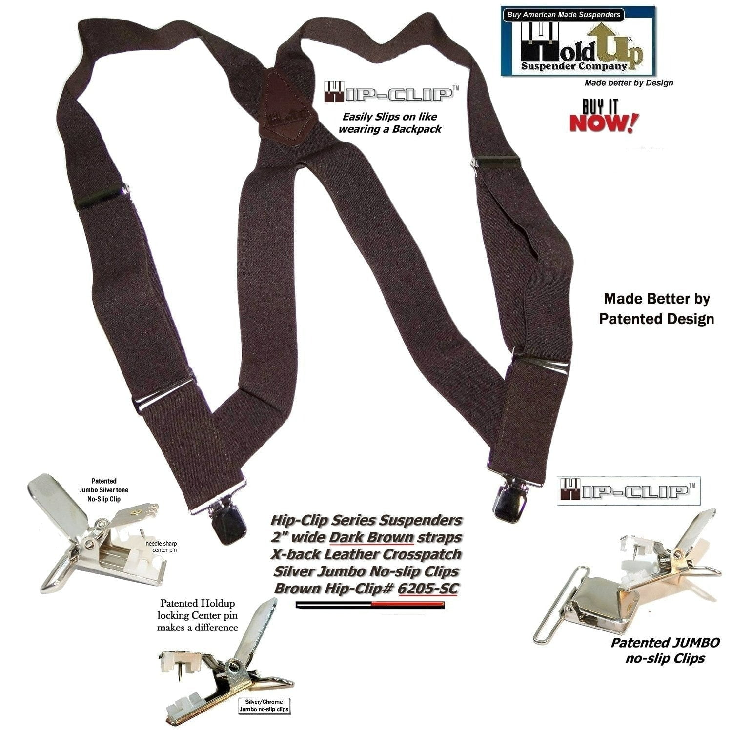 Holdup 2" wide Dark Brown Hip-clip Side Clip Suspenders with USA ...