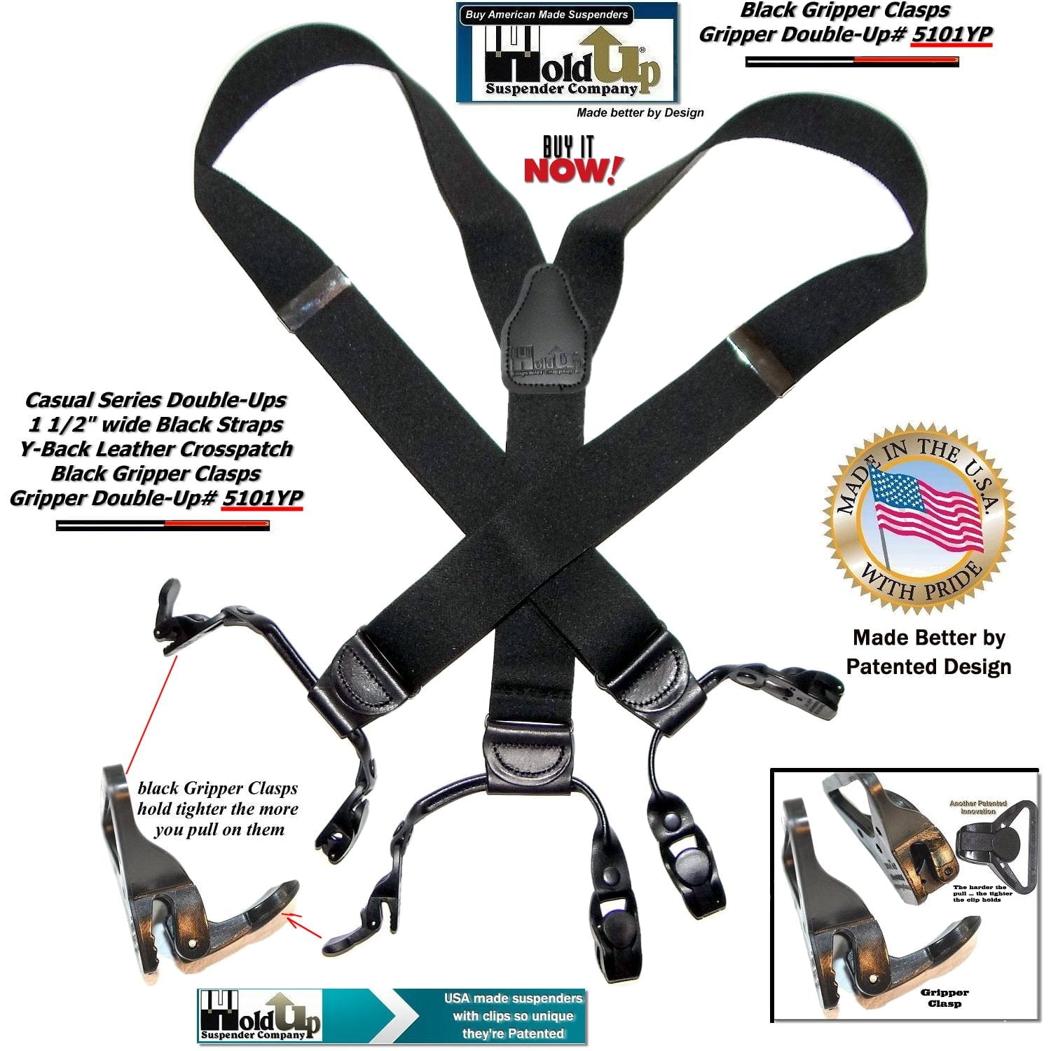 Holdup Brand Black Pack Gripper Clasp Double-Up Y-back Suspenders with ...