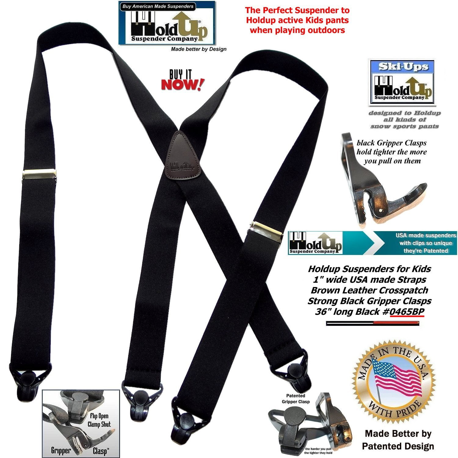 Holdup Brand Black Youth sized 36" long X-back Suspenders with Patented ...