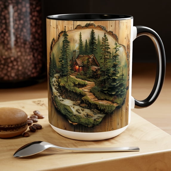 Hole in Wall Cabin Mug Carved Wood Panel Coffee Cup Rustic Forest Scene ...