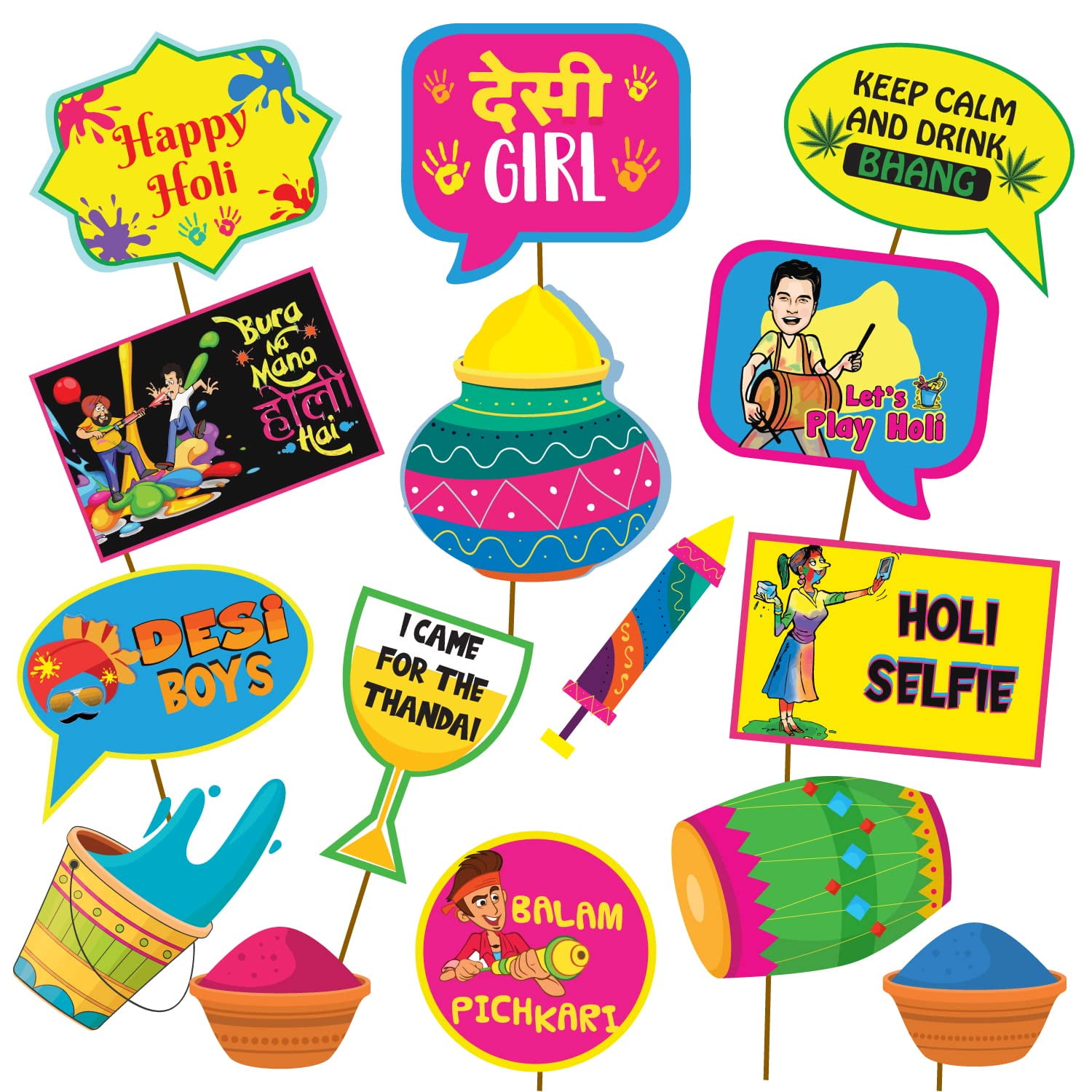 Holi the Festival of Colors Colorful Photo Booth Props Pack of 15pcs ...