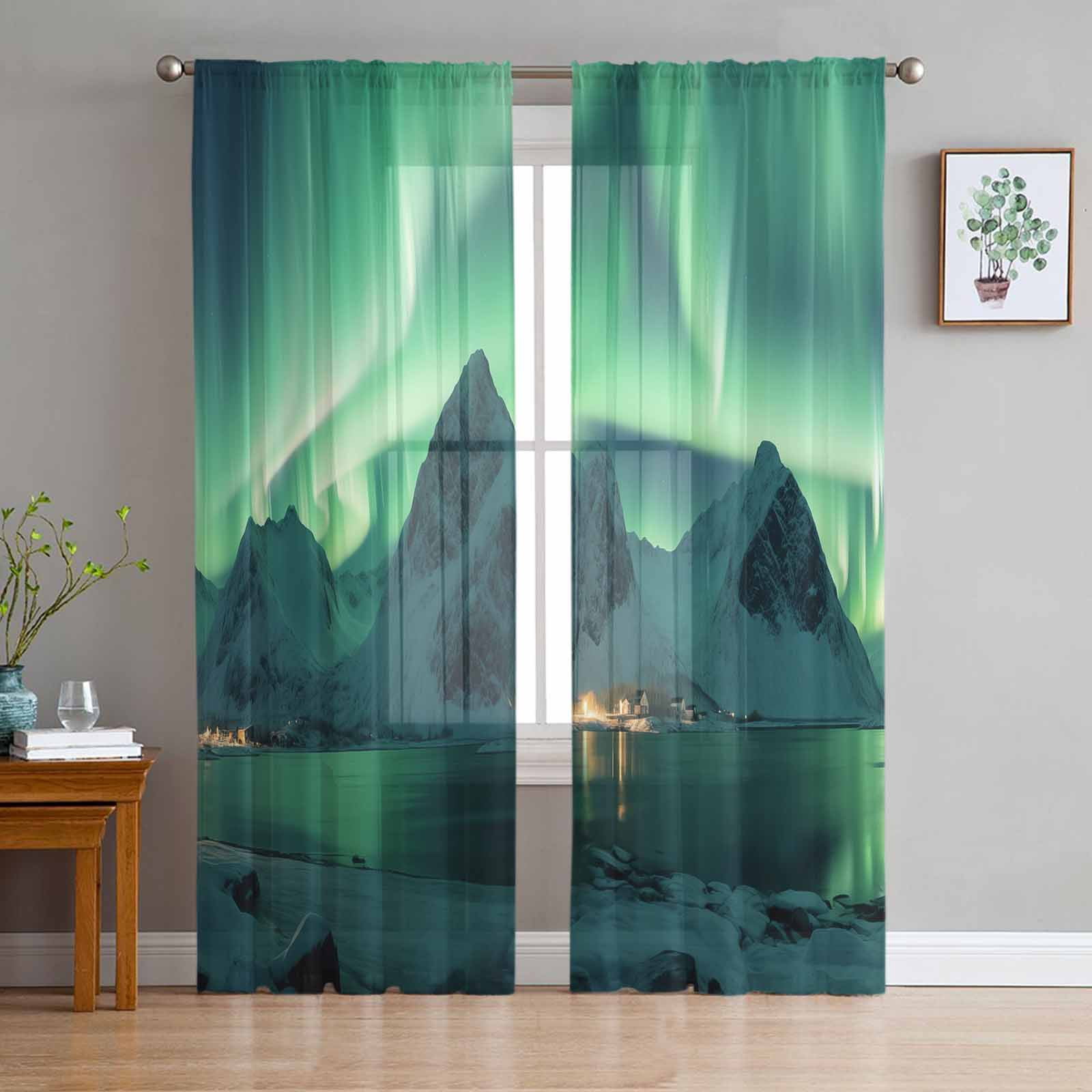 Holiday Aurora Icelandic Scenery Sheer Curtain Living Room Drapes Home ...