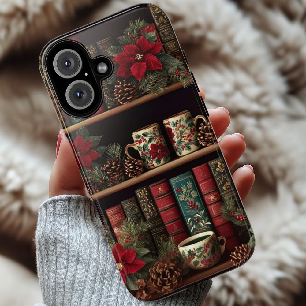Holiday Bookshelf Mugs Poinsettia Floral Phone Case with iPhone 17 to ...
