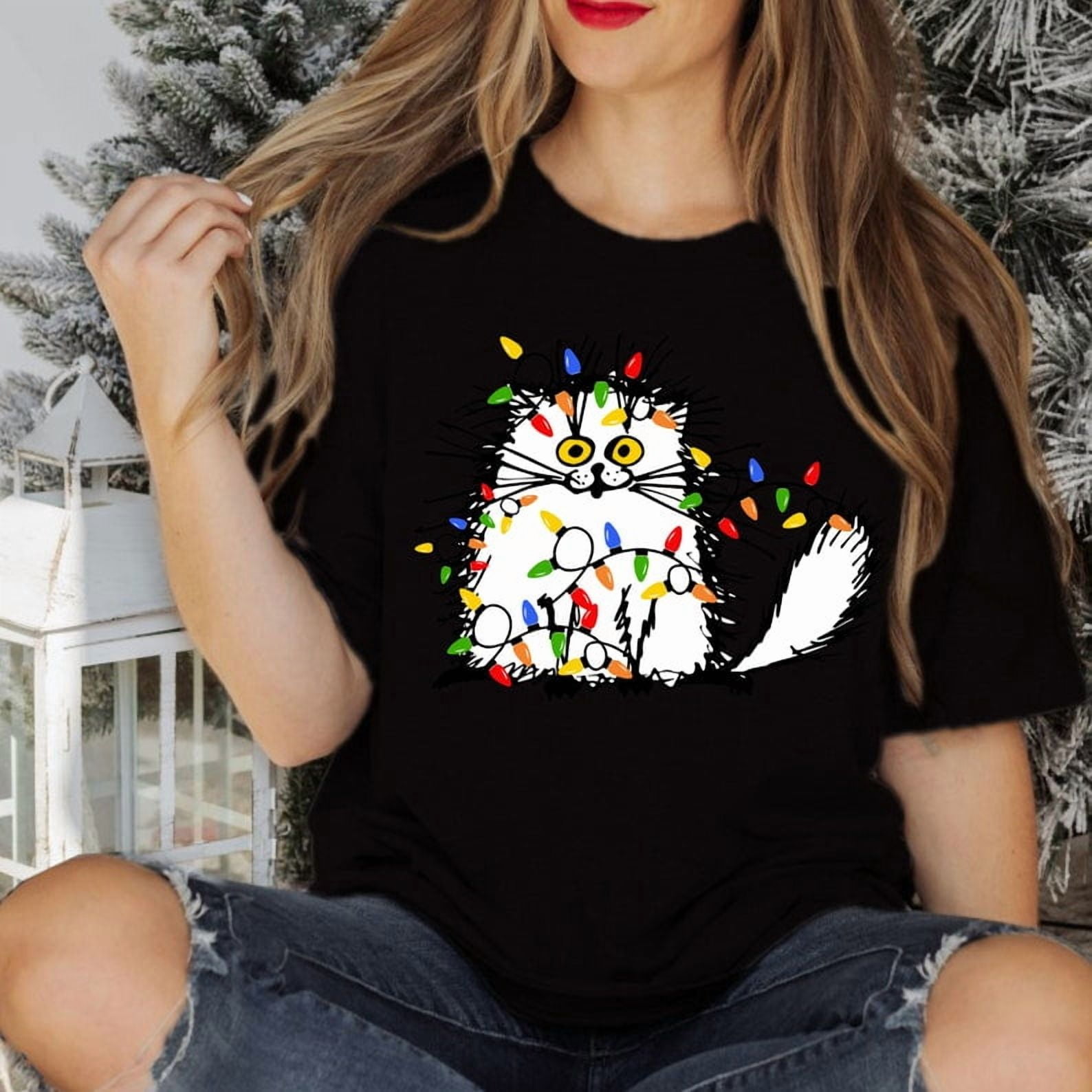 Holiday Cat Lights Tee, Fluffy Kitty Wrapped in Colorful Strings Illustration – Unisex Cotton T ...
