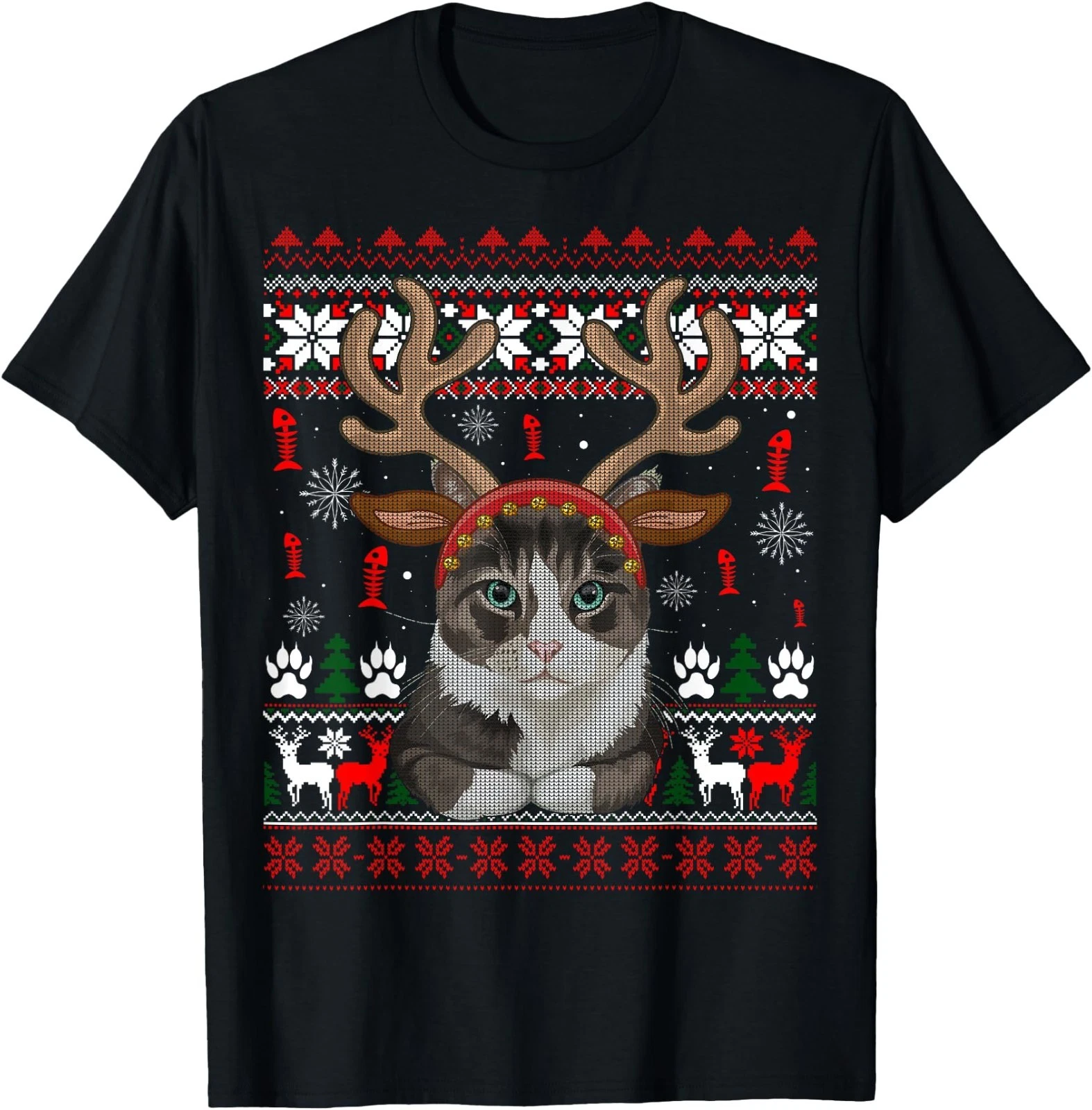 Holiday Cat Reindeer Ugly Winter Cat Lover Gift Unisex T-Shirt, up to ...