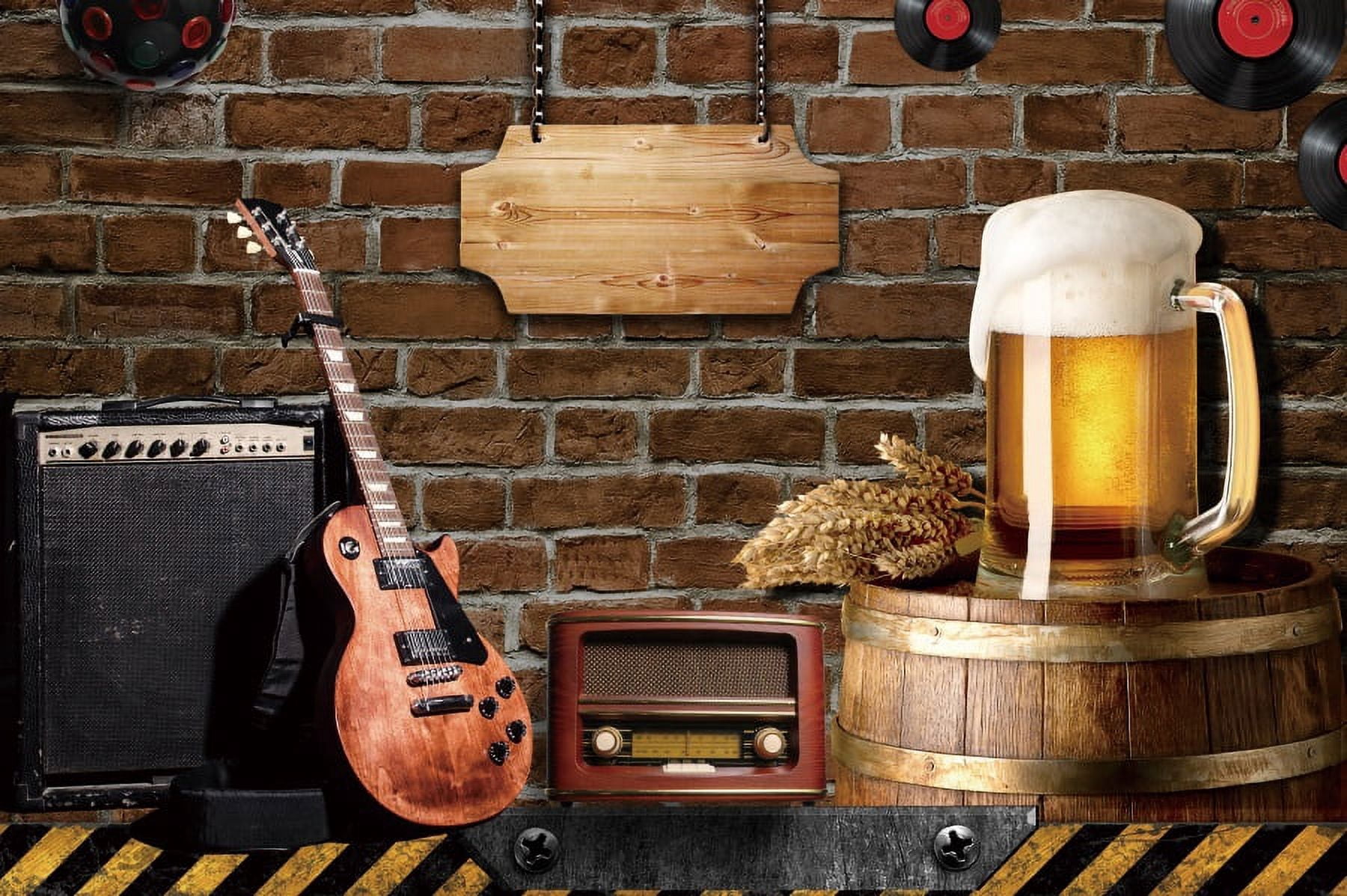 Holiday Cheer And Beer Themed Party Backdrop Interior Brick Wall Guitar ...