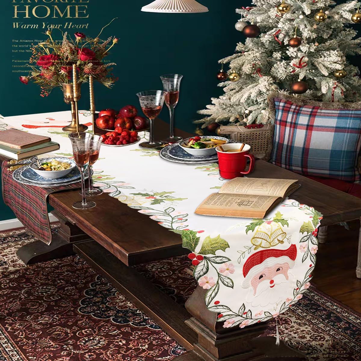 Holiday Christmas Table Runner 70 Inches Long | Embroidered Santa Claus ...