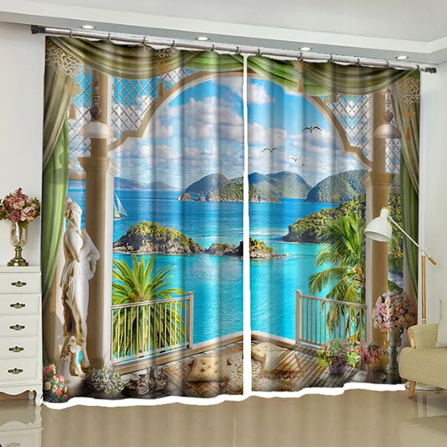 Holiday Curtains Seaside Coconut Tree Print Drape for Living Room Floor ...