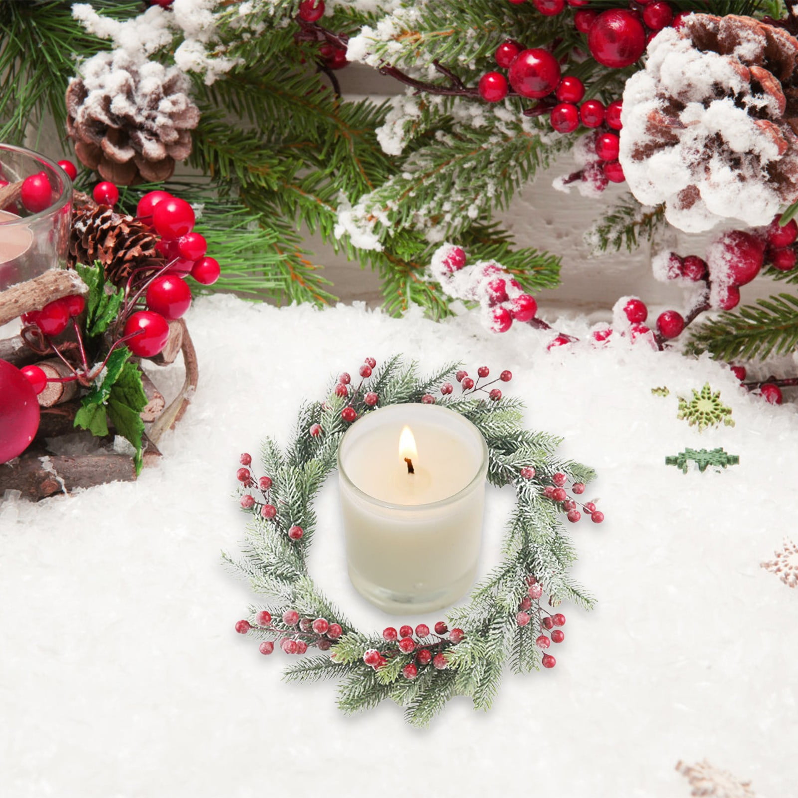 Holiday Decor Christmas Candle Rings Artificial Red Berries Cedarwood ...