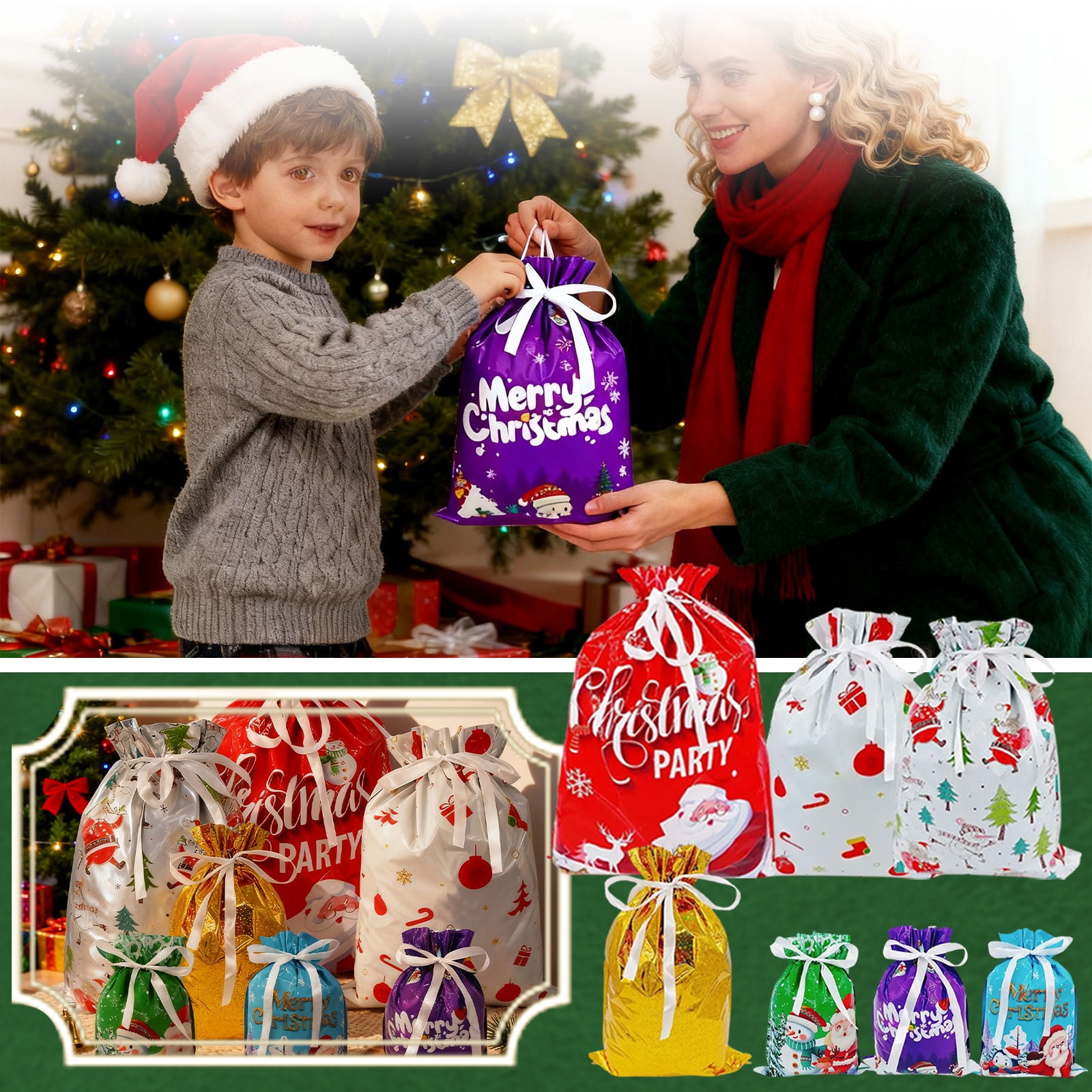 Holiday Drawstring Gift Bags, 28pcs Christmas Foil Gift Wrapping Sacks ...