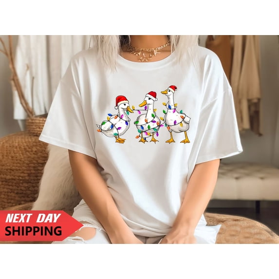 Holiday Duck Illustration Tee, Trio of Ducks with Decorative Lights ...